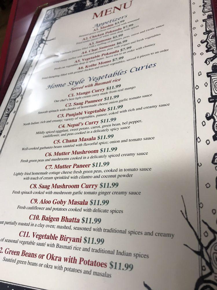 Menu at Nepal's Cafe, Estes Park