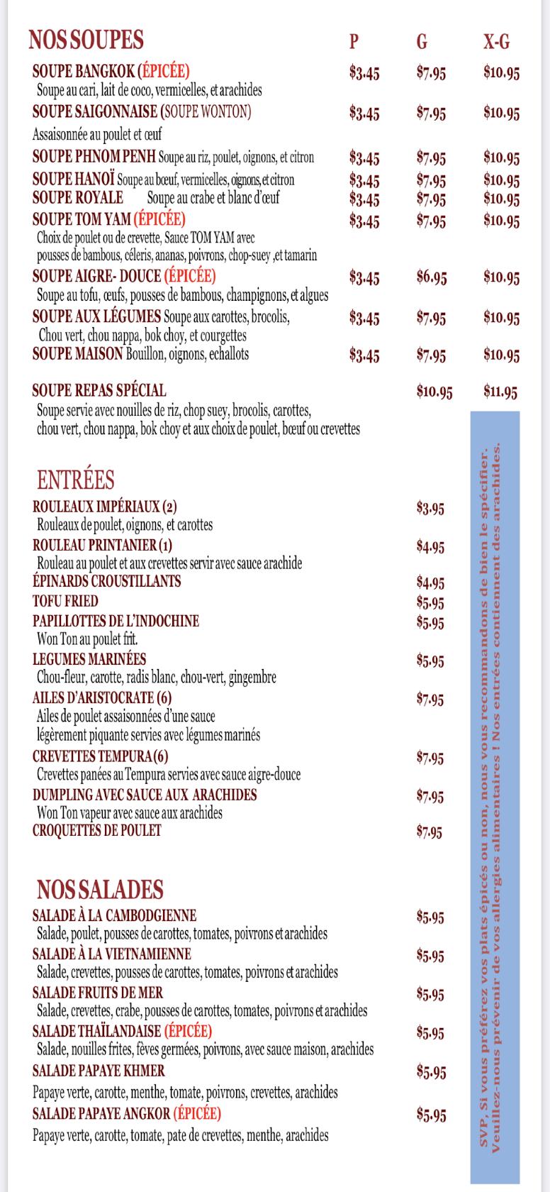 Menu au Rasmey Angkor Restaurant, Mascouche
