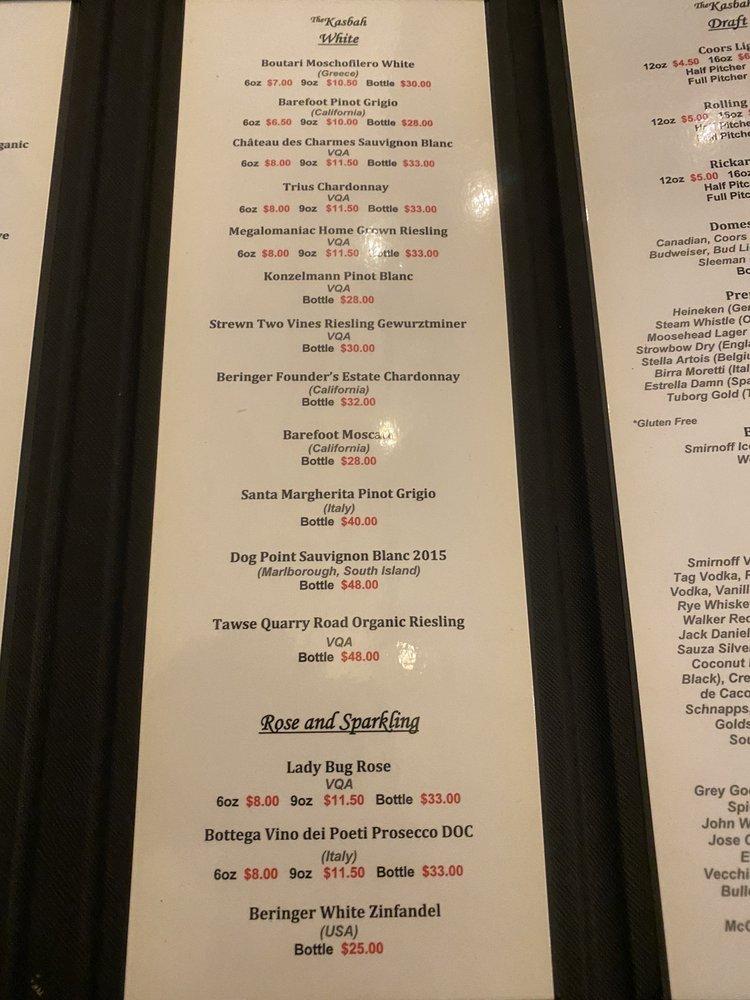 Menu at The Kasbah Mediterranean restaurant, Niagara Falls
