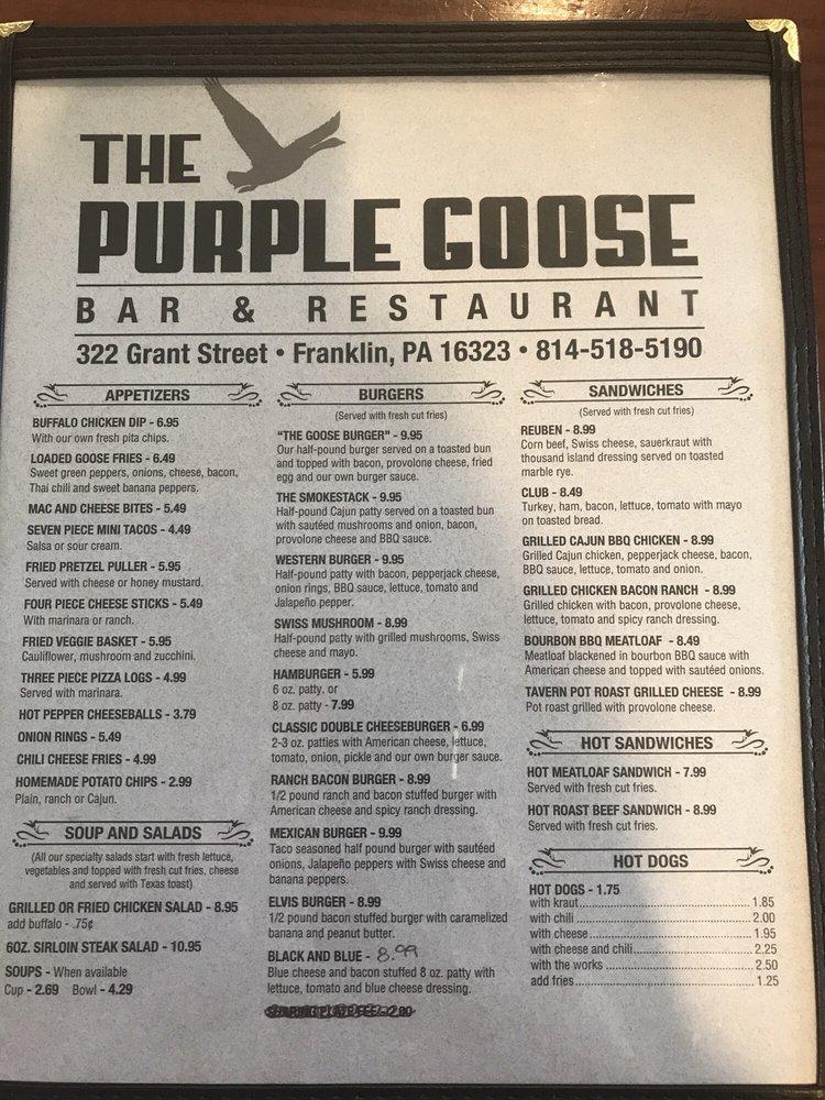 Menu at The Purple Goose pub & bar, Franklin