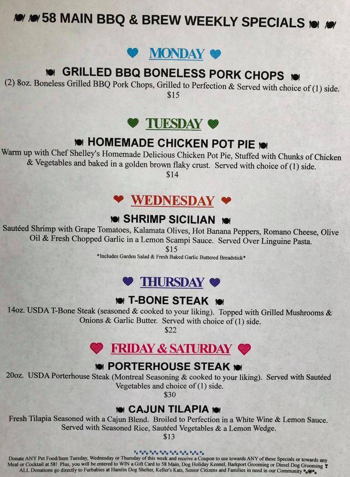 Menu at 58 Main BBQ & Brew, Brockport