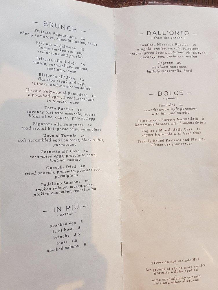 Menu at Bar Centrale, Toronto