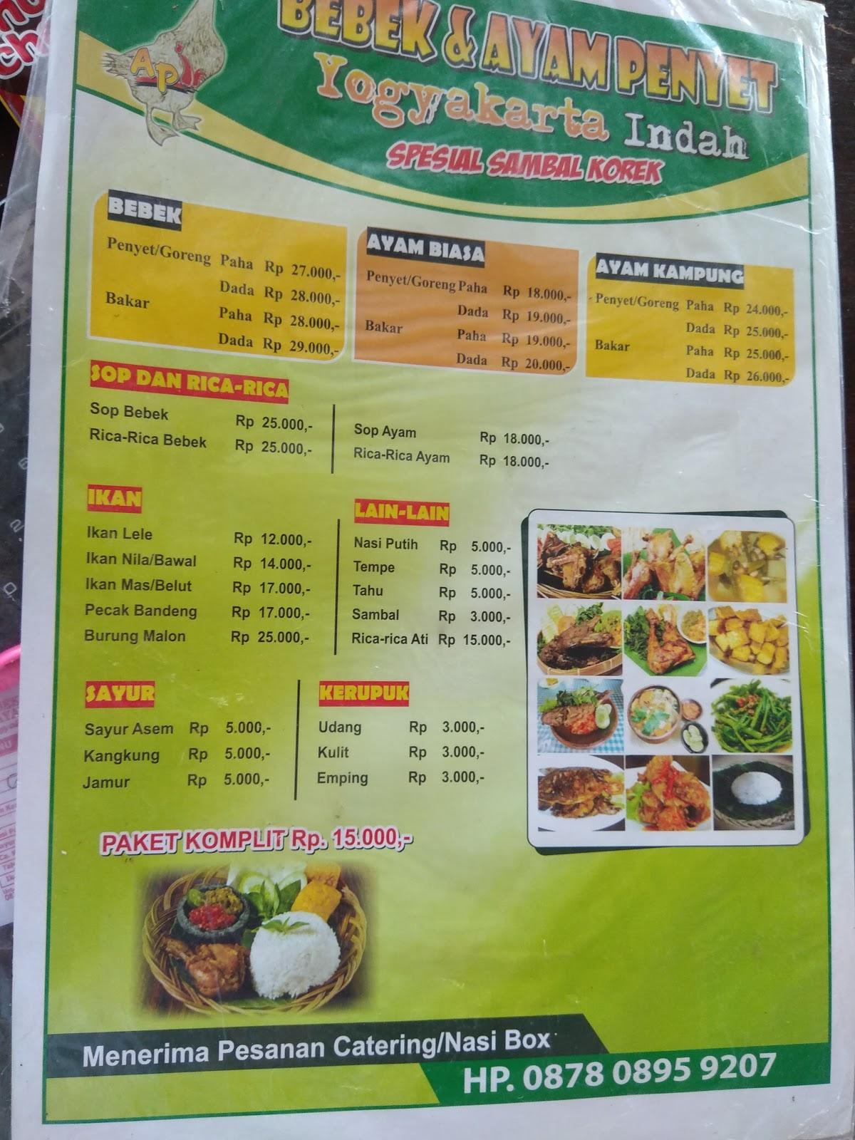 Menu at Bebek & Ayam Penyet Yogyakarta Indah restaurant, Serang