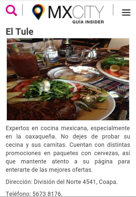 Menu at El Tule restaurant, Mexico City, Av. División del Nte. 4541