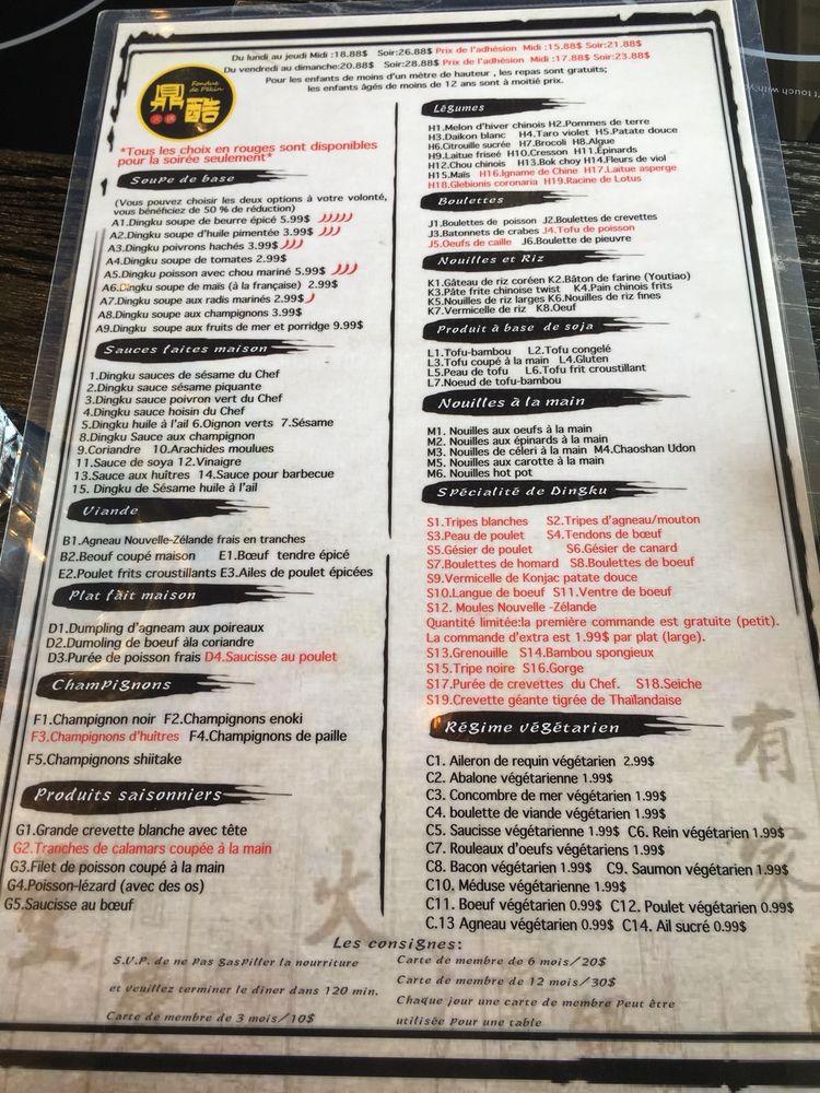 Menu au Fondue de Pékin restaurant, Brossard