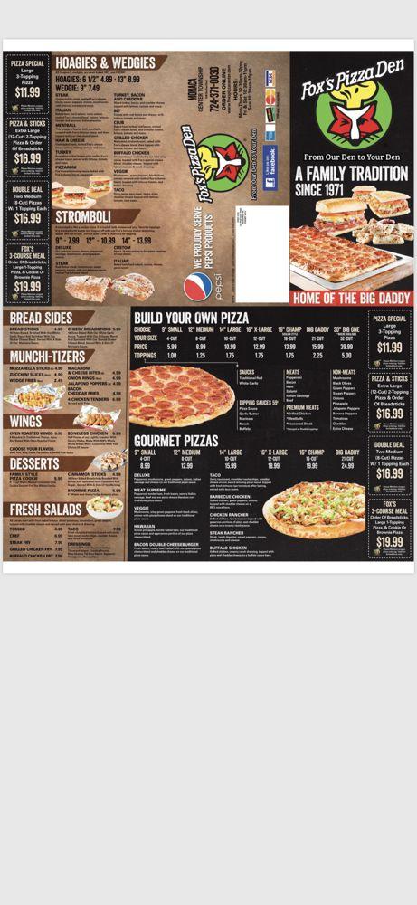 Menu at Fox's Pizza Den pizzeria, Monaca, Brodhead Rd