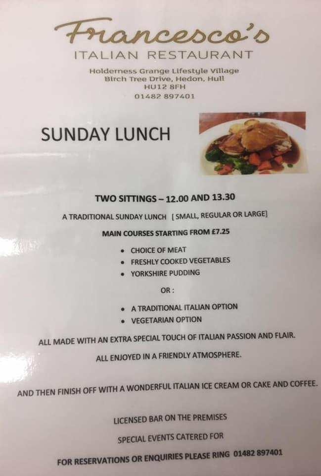 Menu at Francesco's restaurant, Hull