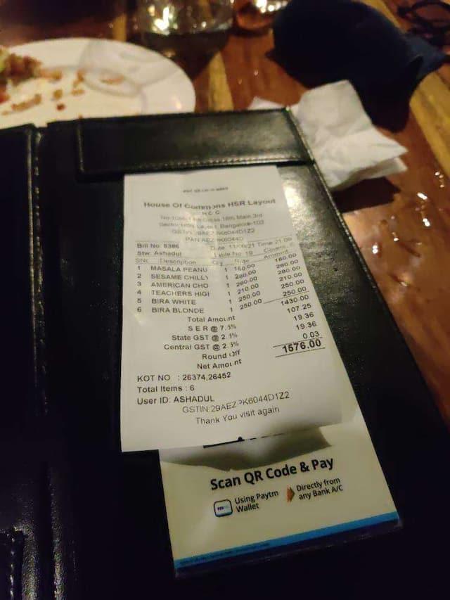 Menu at House of Commons, Bengaluru, Ground