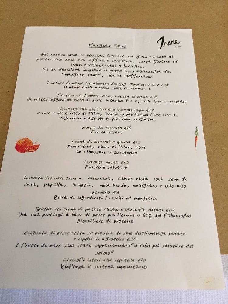 Speisekarte von Irene Firenze restaurant, Florenz