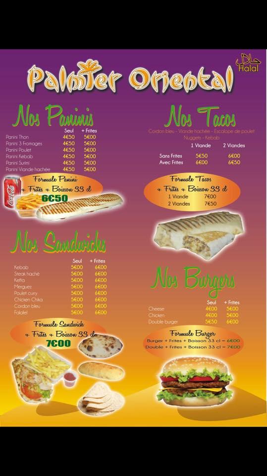 Menu at Le Palmier oriental restaurant, Montpellier, 1 Rue Aristide ...
