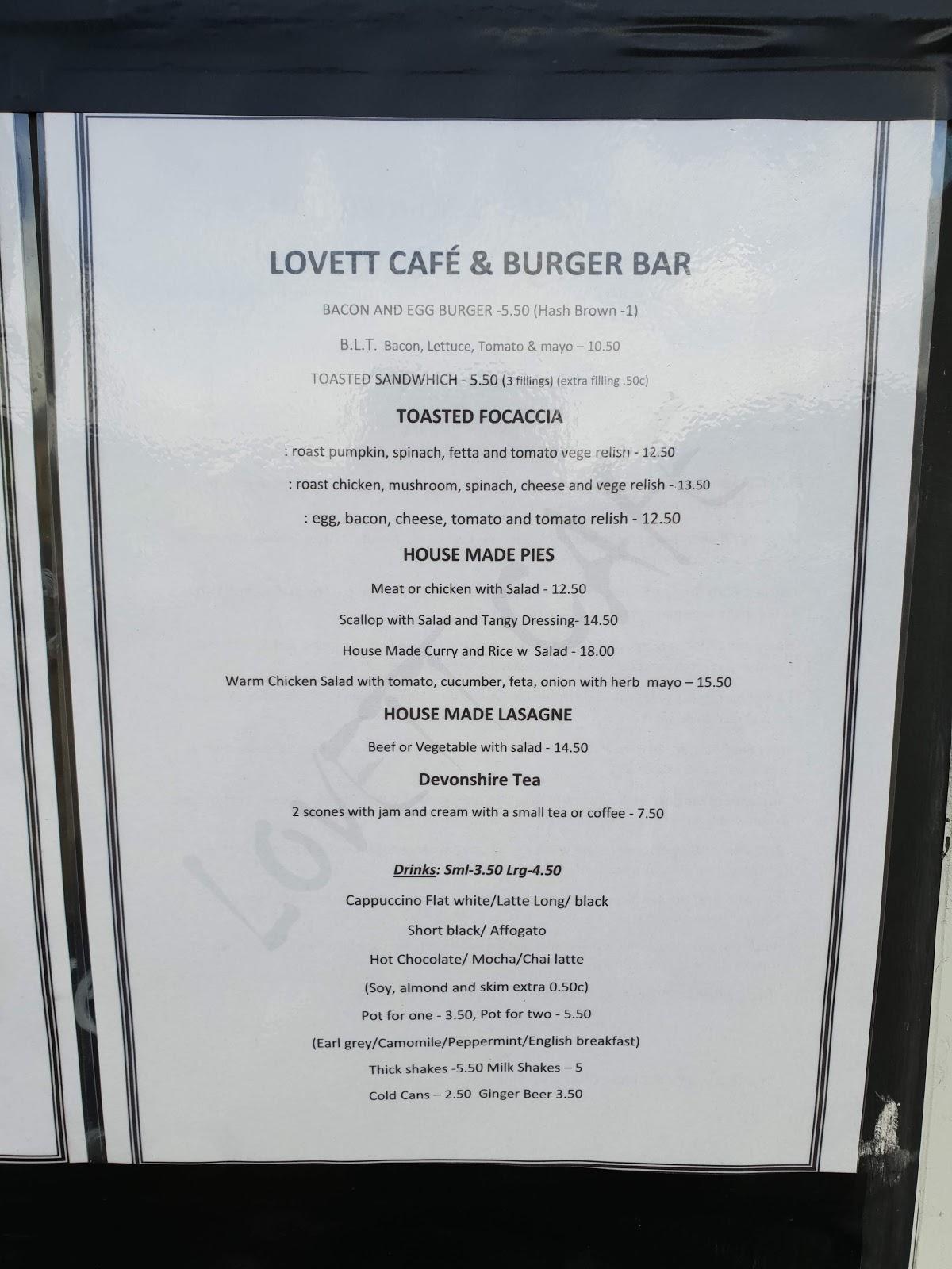 Carta de Lovett Cafe, Cygnet