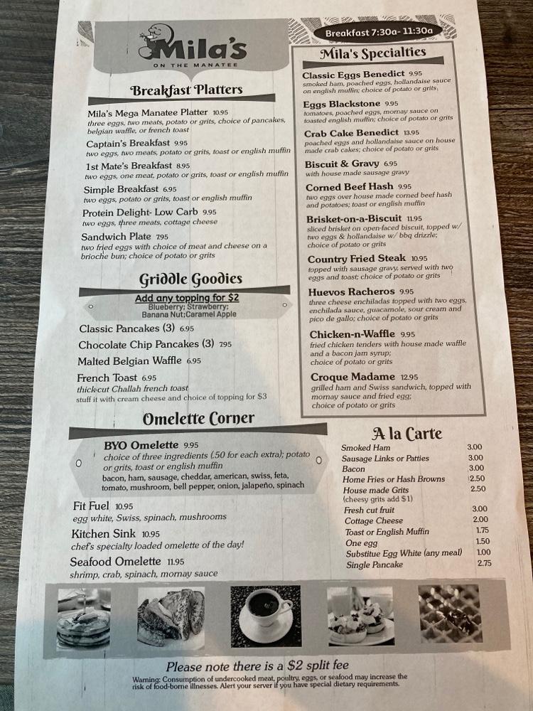 Menu at Mila’s on the Manatee restaurant, Palmetto