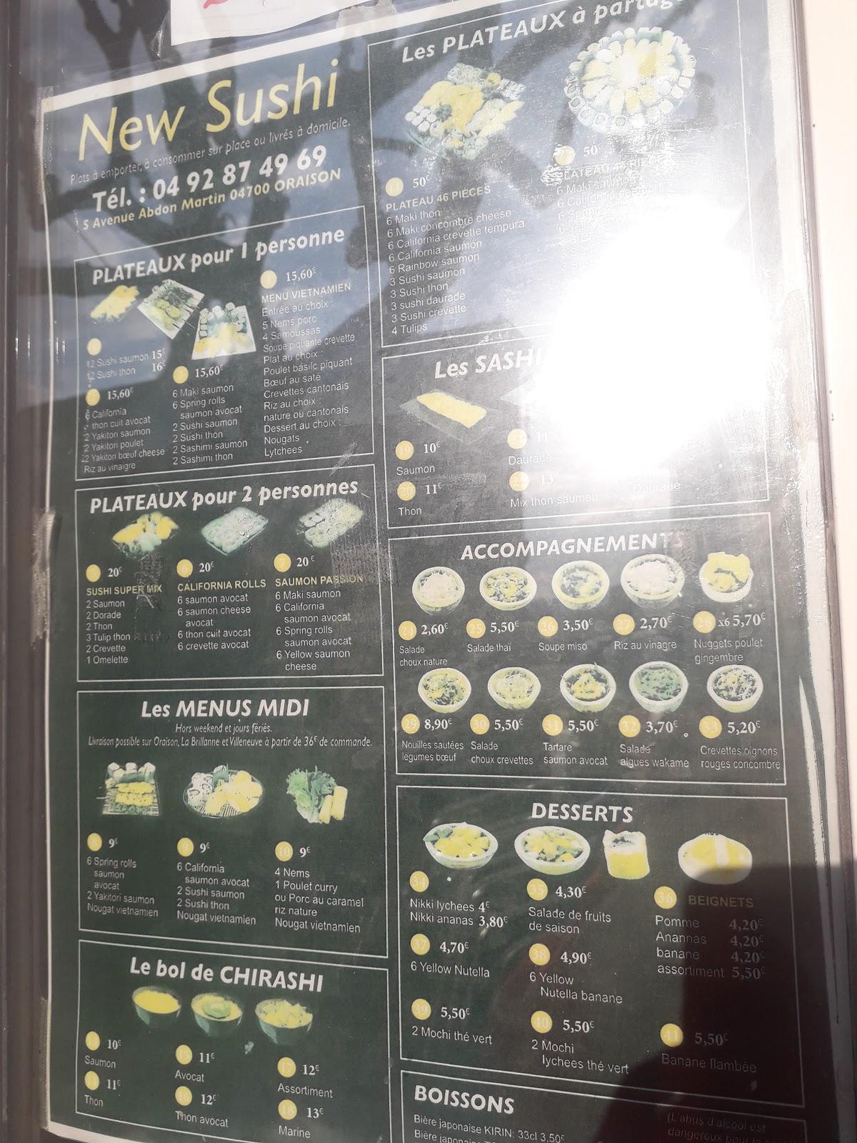 Menu at New Sushi restaurant, Oraison