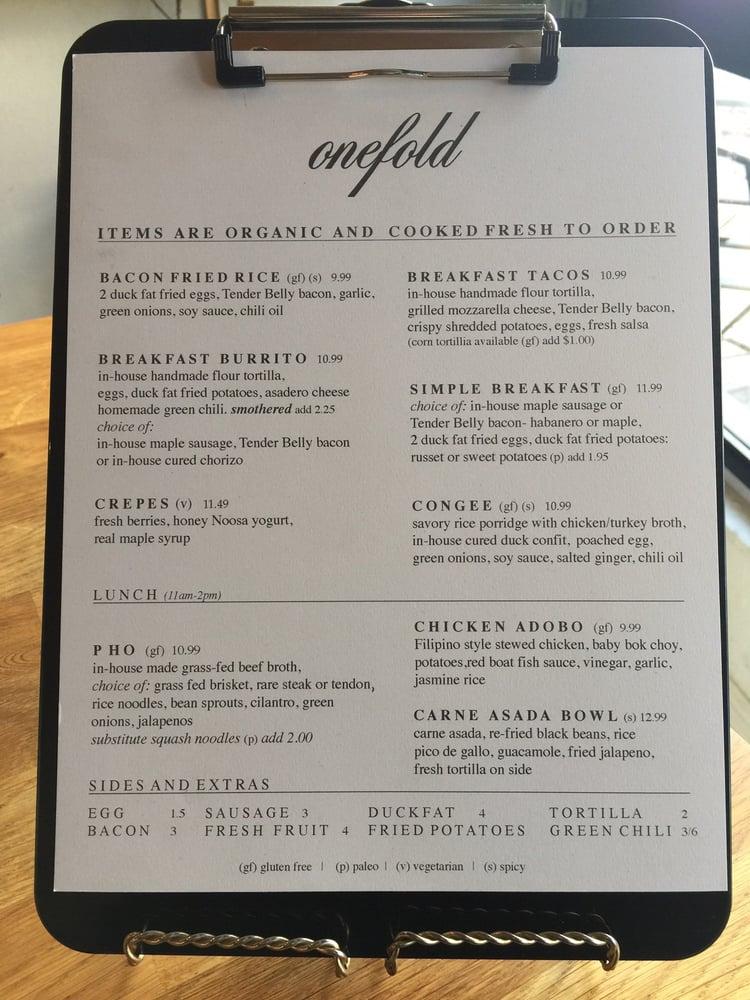 Menu at Onefold cafe, Denver, E 18th Ave
