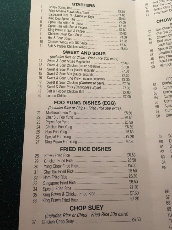 Menu at Rainbow Chinese restaurant, Ulverston