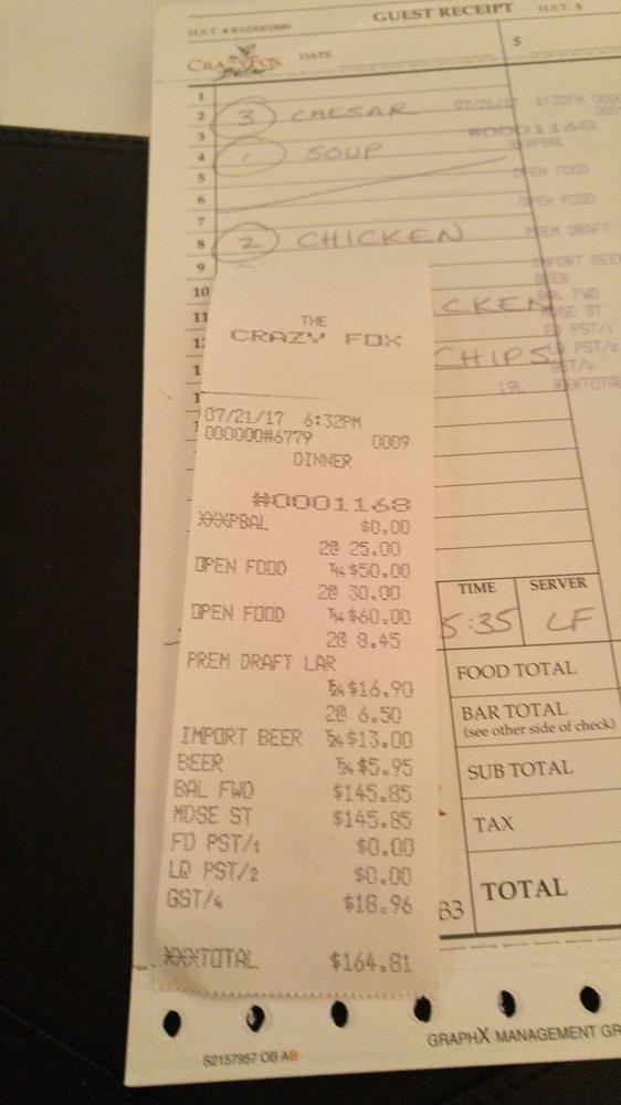 Menu at The Crazy Fox Bistro steakhouse, Barrie