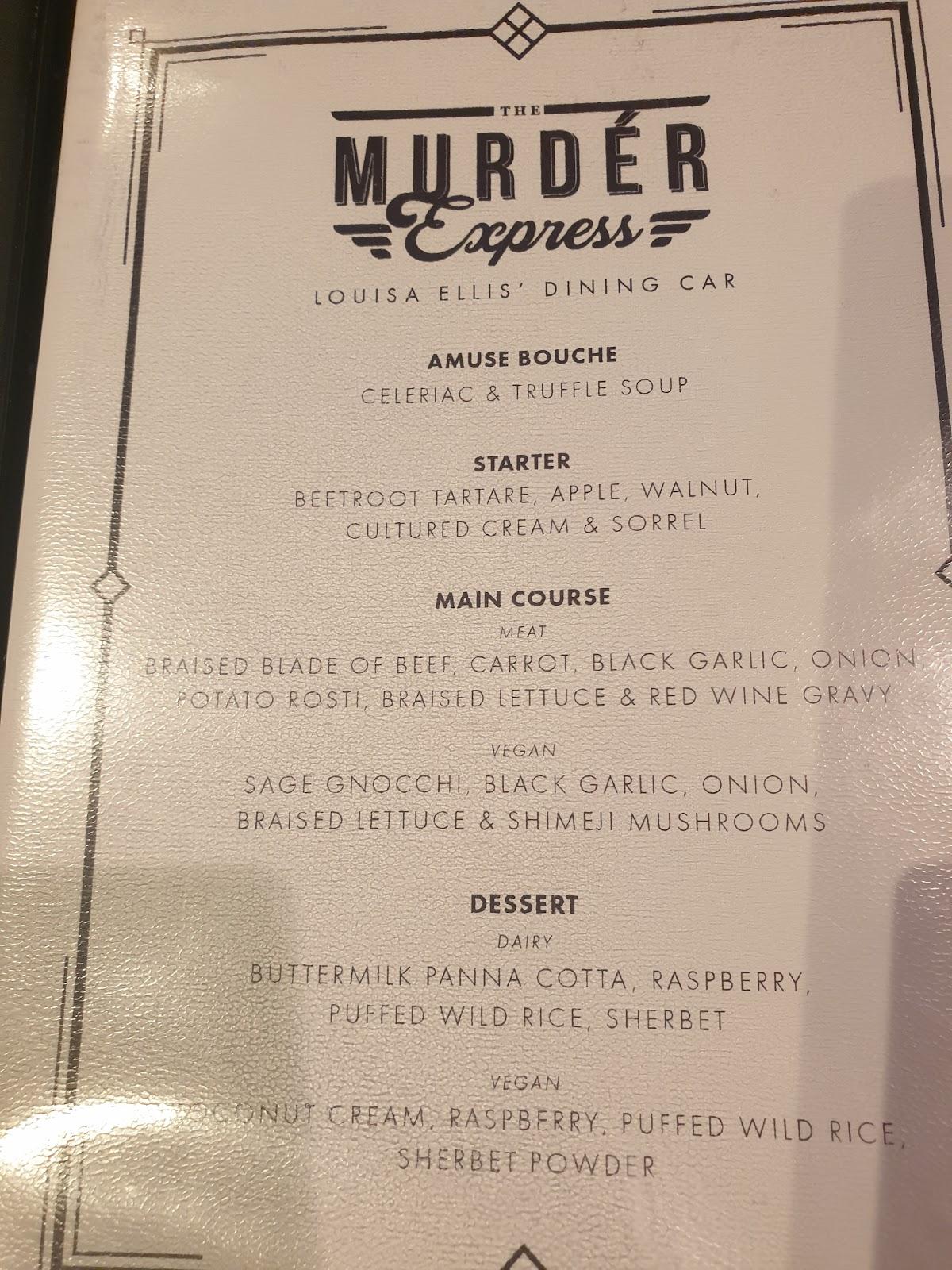 Menu at The Murder Express restaurant, London