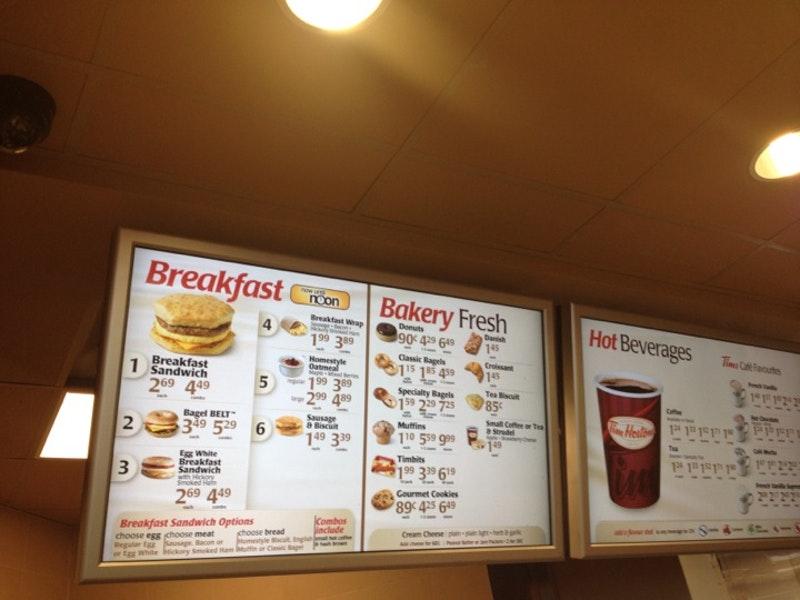 Carta del restaurante Tim Hortons, Canada, Highway 11