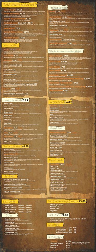 Menu at Watan Restaurant, Southall, 183 The Broadway