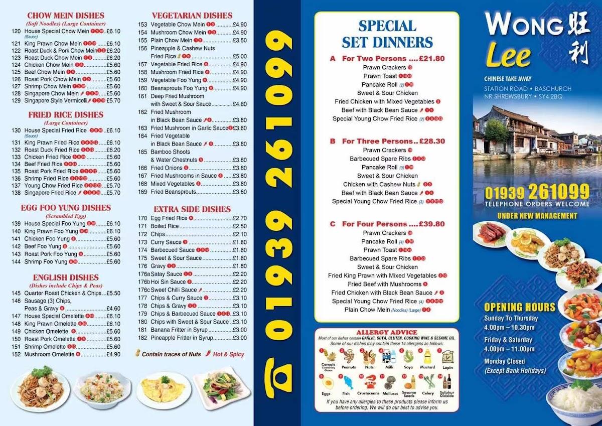 Menu at Wong Lee Chinese Take Away fast food, Baschurch