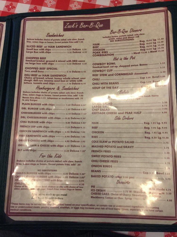 Menu at Zack's BBQ, Hotchkiss