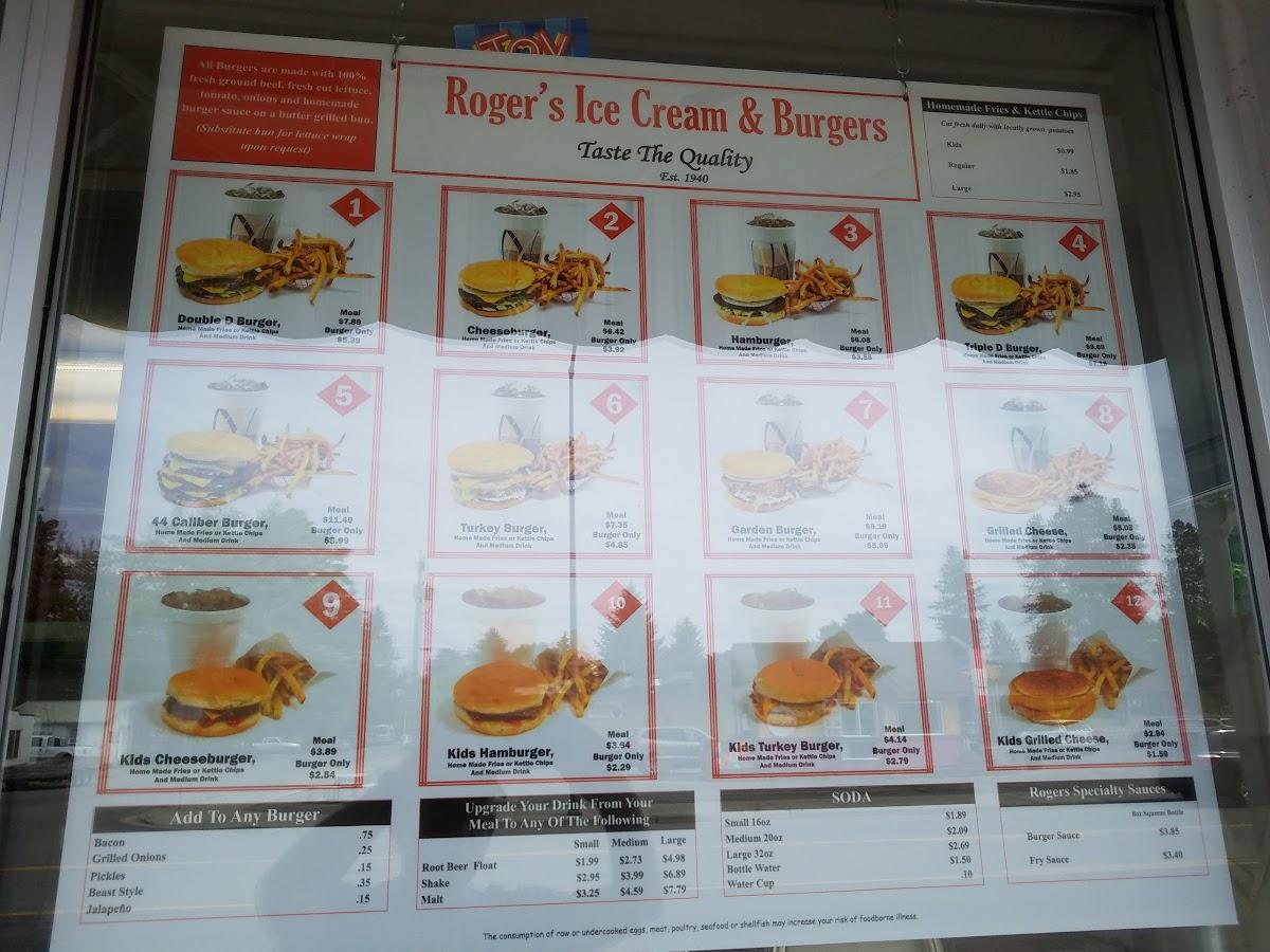 Menu at Roger's Ice Cream & Burgers restaurant, Coeur d'Alene, Sherman Ave
