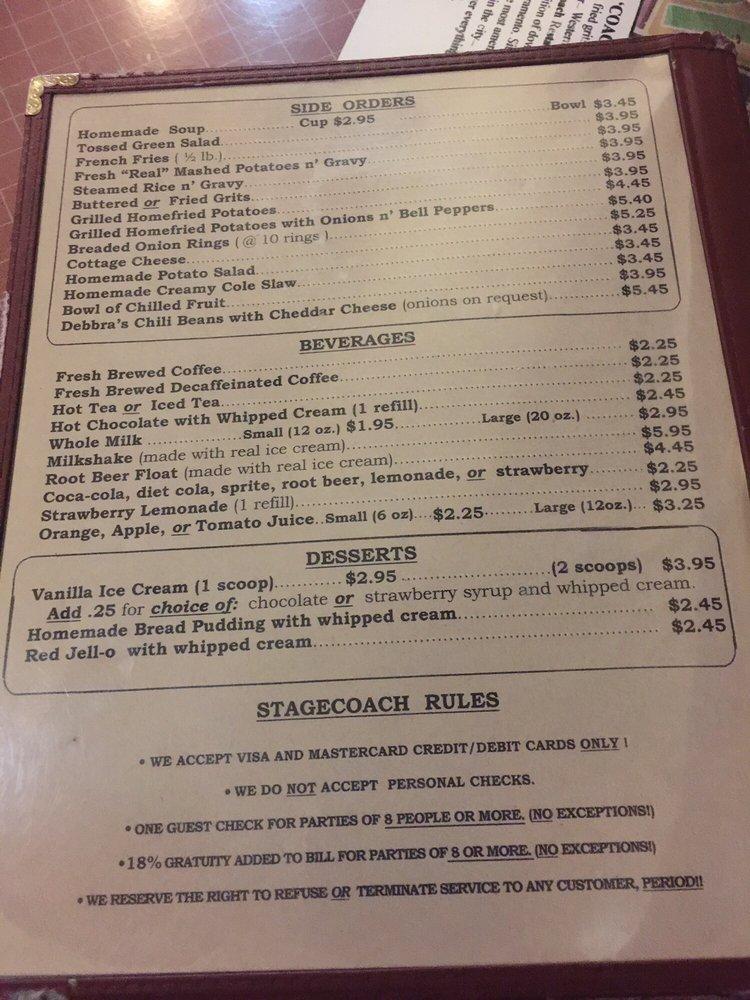 Menu at Stagecoach Restaurant, Sacramento, Florin Rd