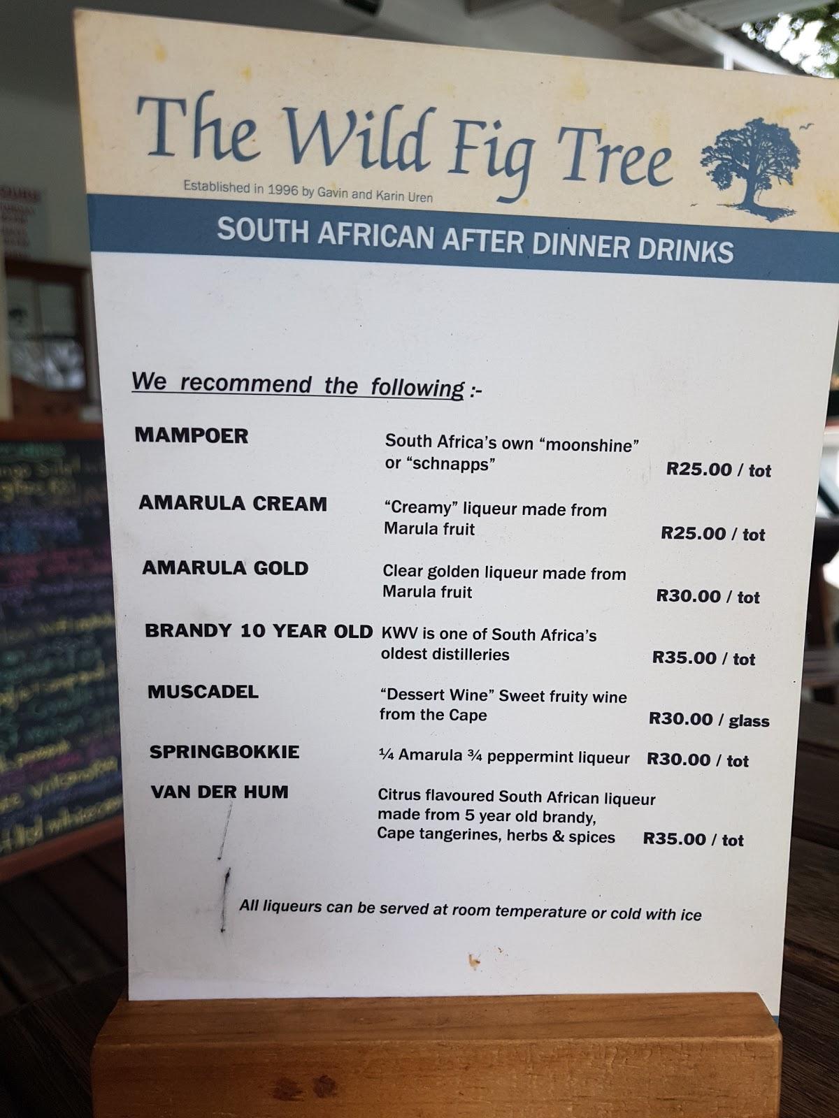 Menu at The Wild Fig Tree Restaurant, Sabie