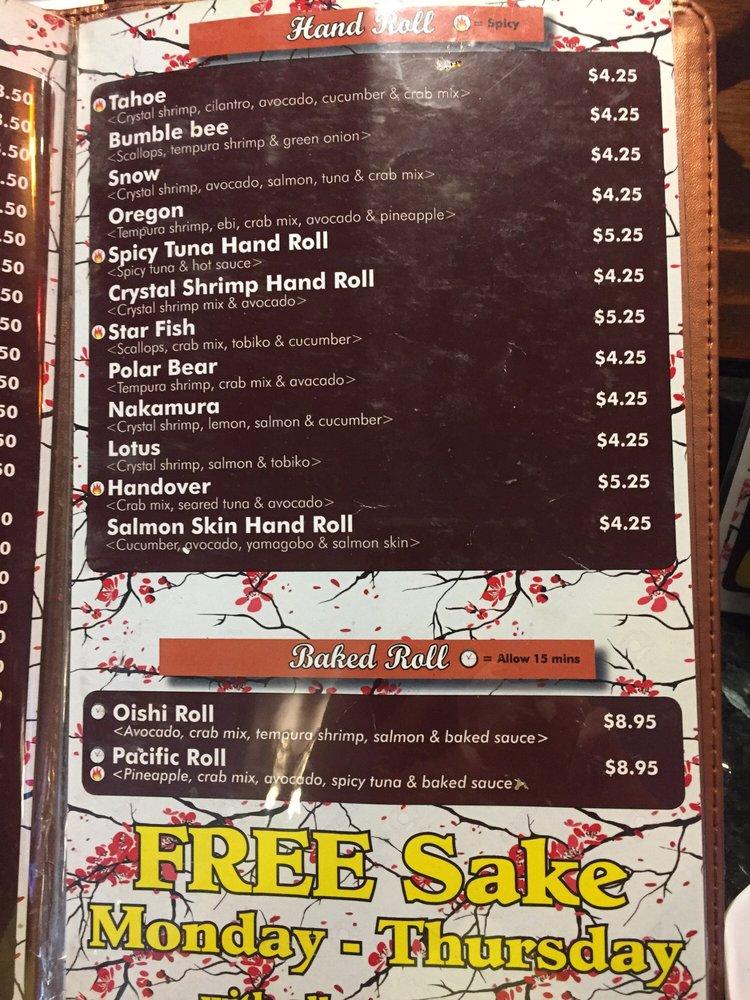 Menu at Tokyo Sushi restaurant, Reno