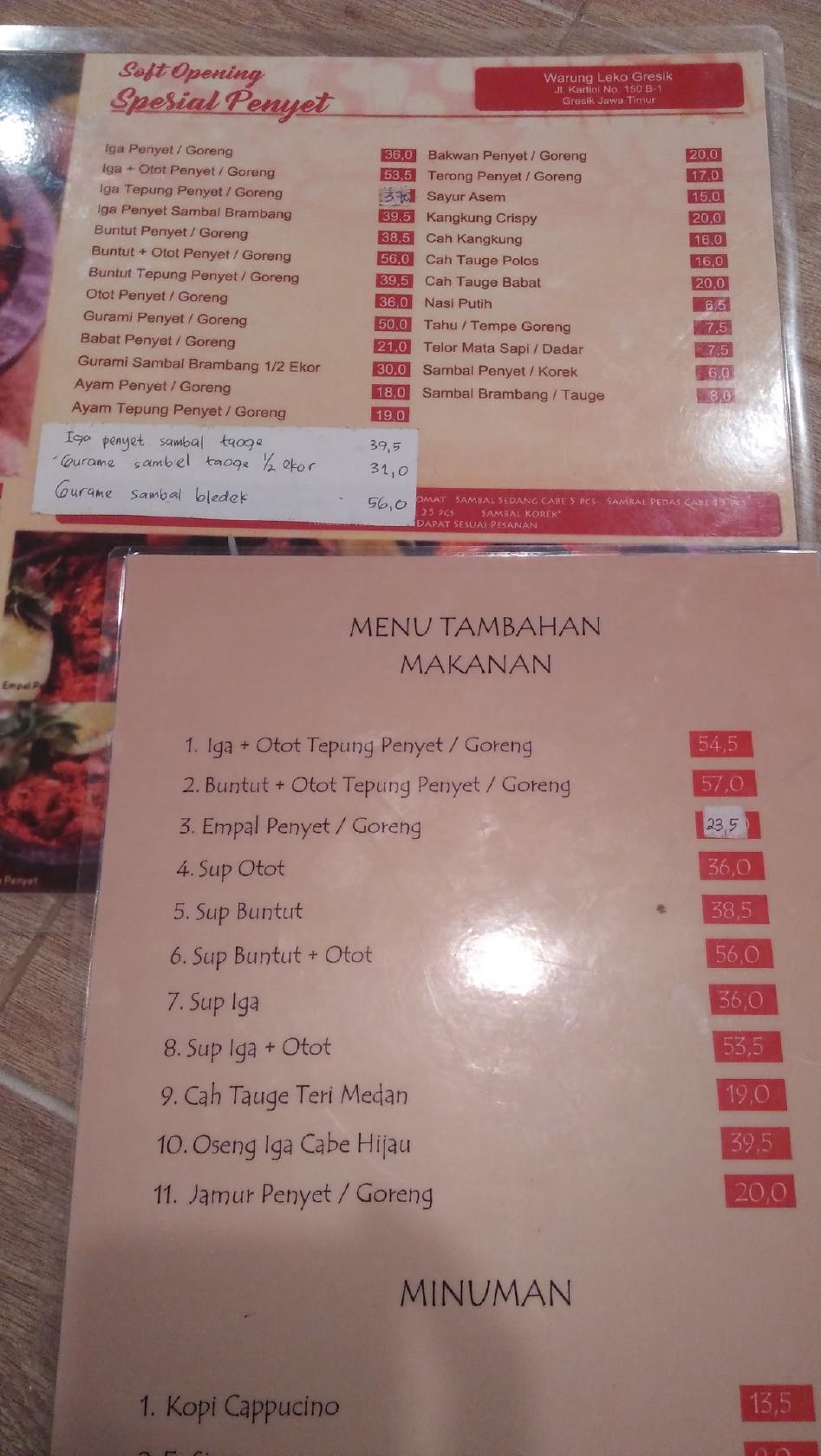 Menu at Warung Iga Penyet Leko restaurant, Gresik