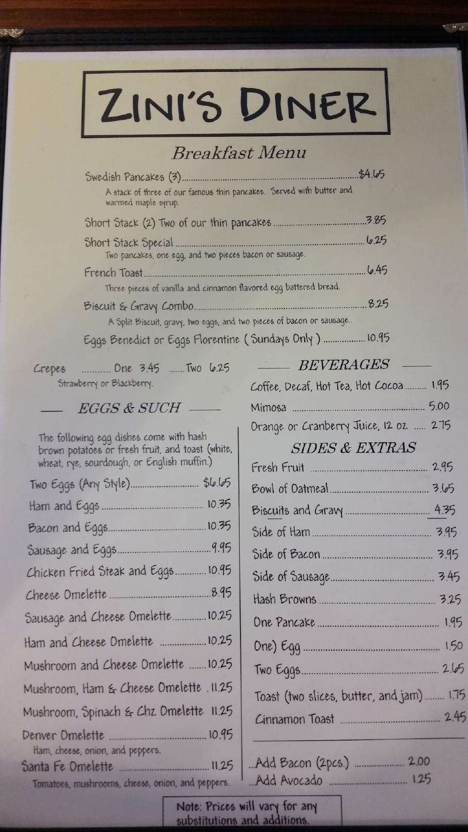 Menu at Zini's Diner restaurant, Cloverdale, 796 S Cloverdale Blvd