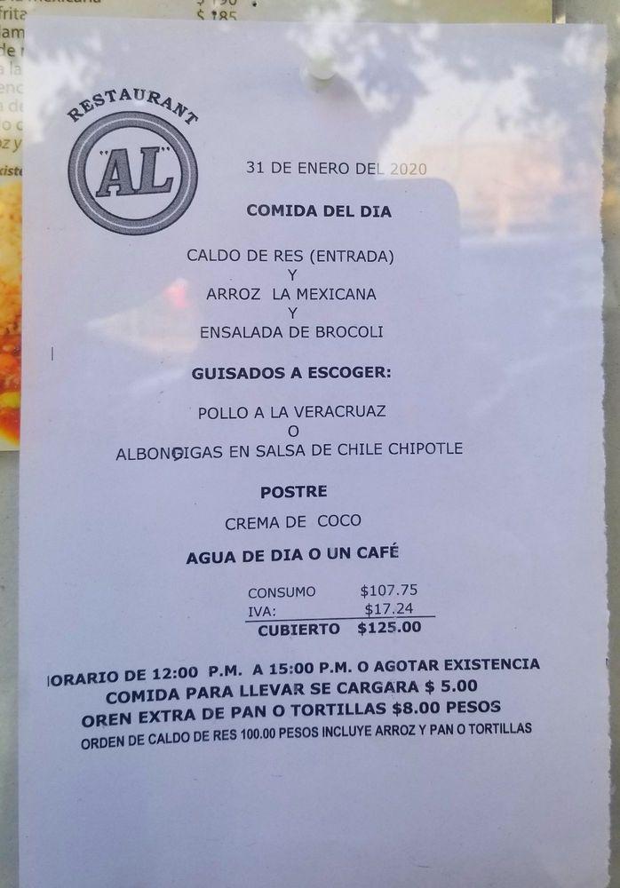 Menu at AL cafeteria, Monterrey, Calzada Francisco i. Madero 520