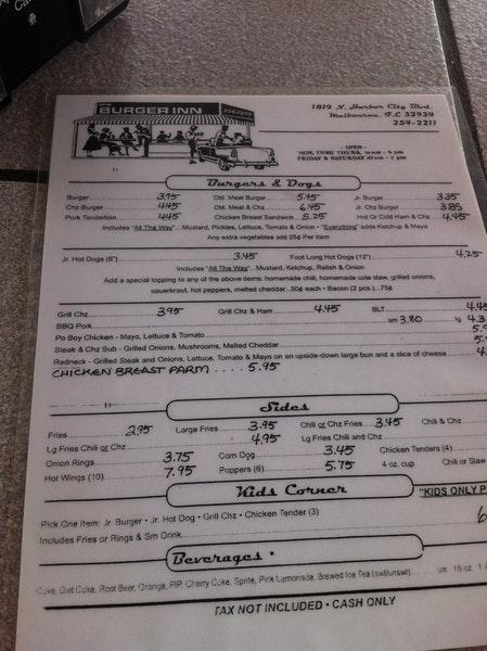 Menu at Burger Inn restaurant, Melbourne