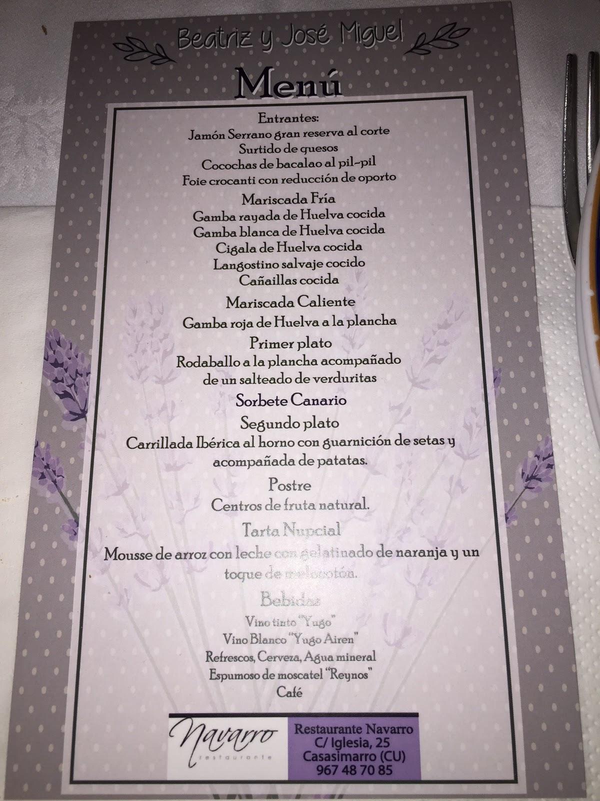Menu at HOTEL NAVARRO restaurant, Casasimarro