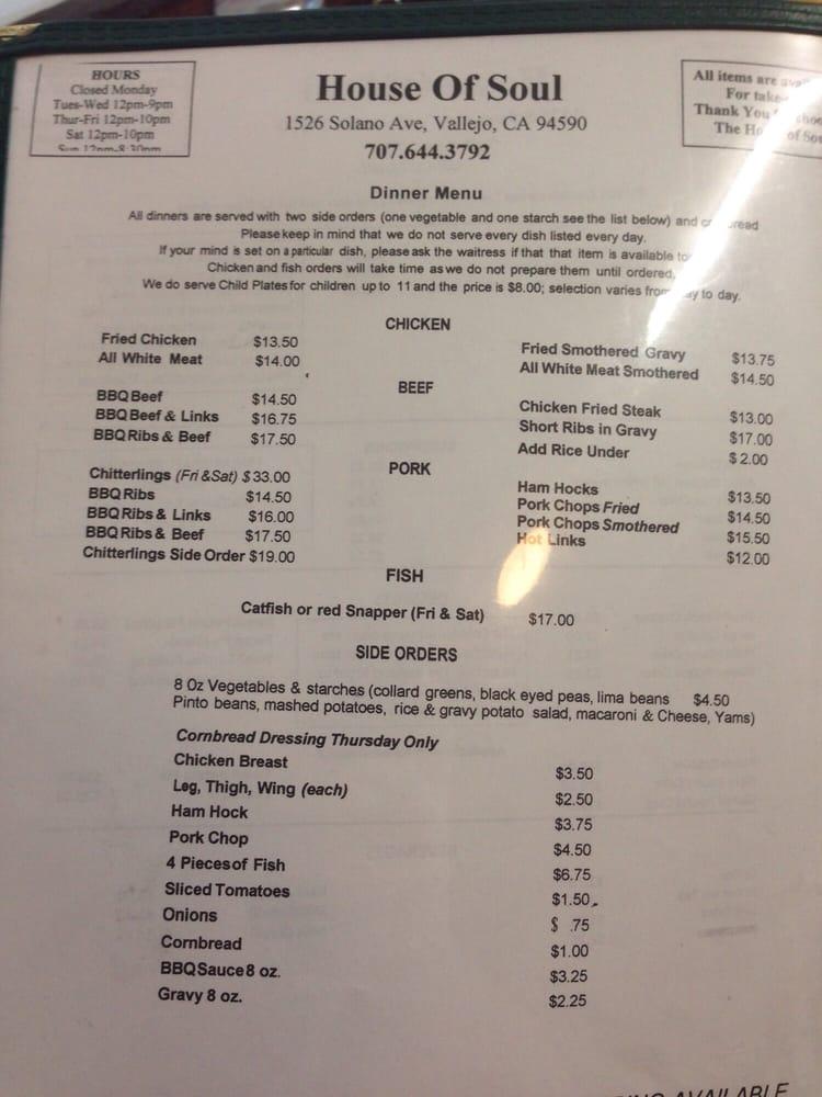 Menu at House of Soul restaurant, Vallejo, Solano Ave