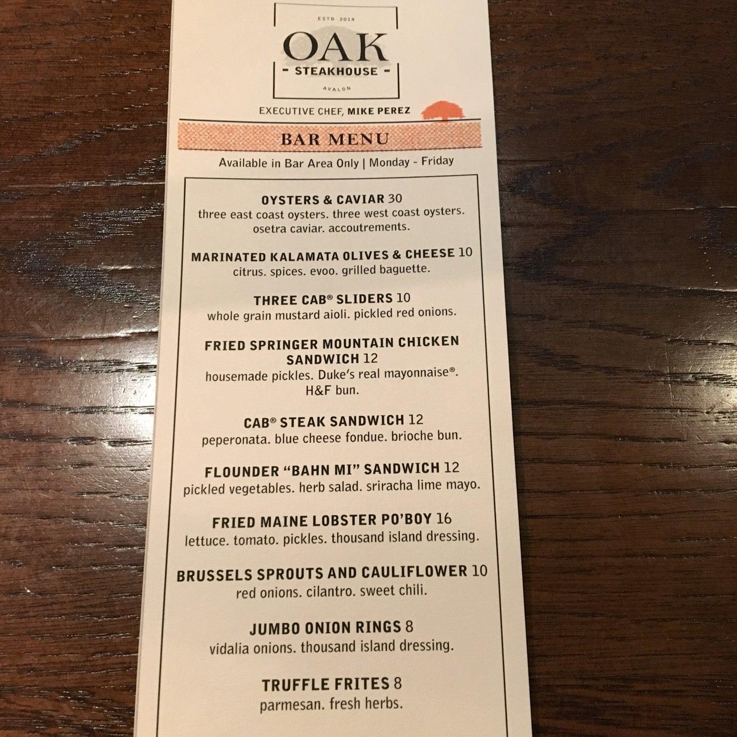 Menu at Oak Steakhouse, Alpharetta