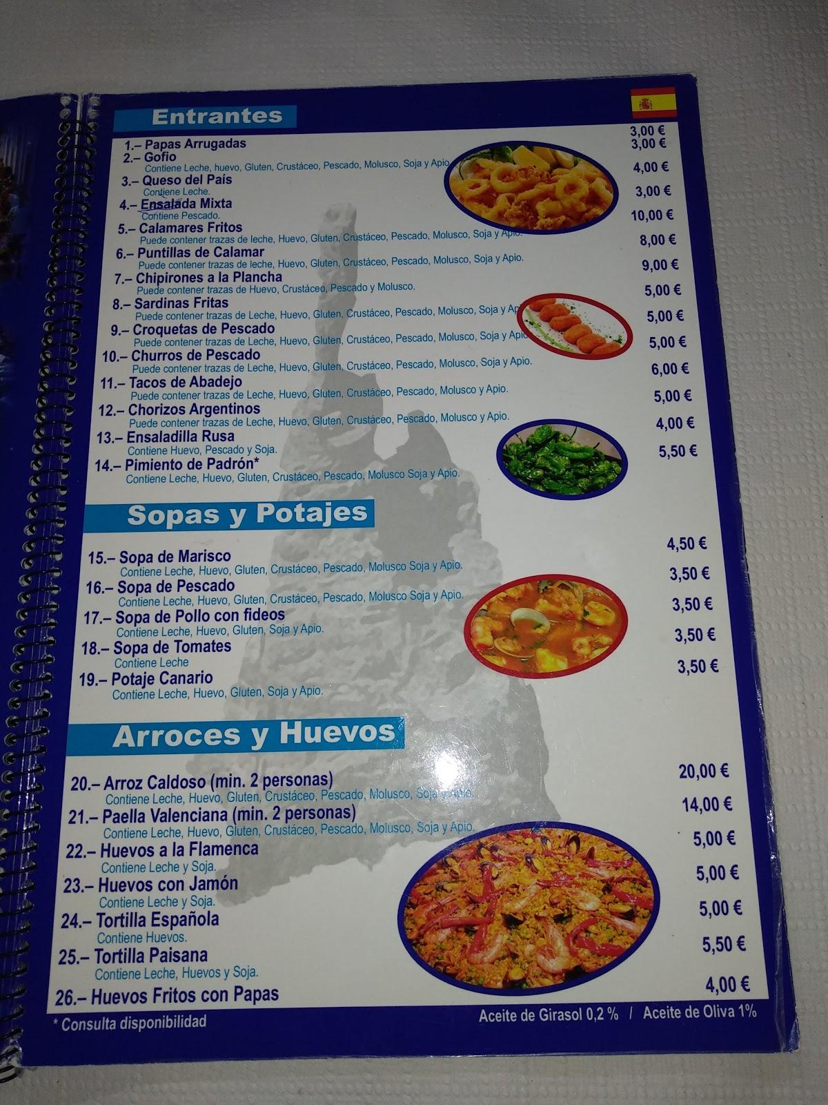 Carta de Restaurante Dedo De Dios, Puerto de las Nieves