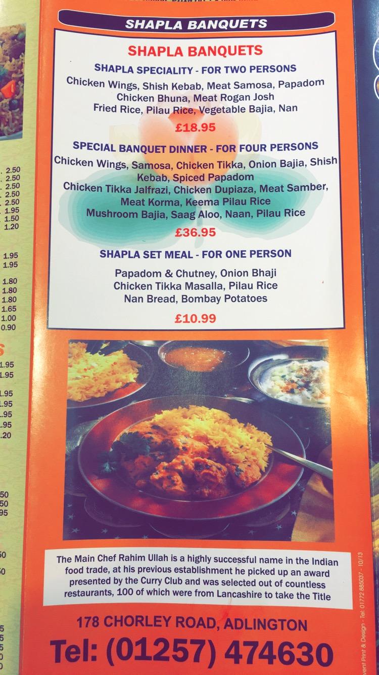 Menu at SHAPLA INDIAN TAKE-EAT-AWAY (ADLINGTON) Est:1992 fast food, Chorley
