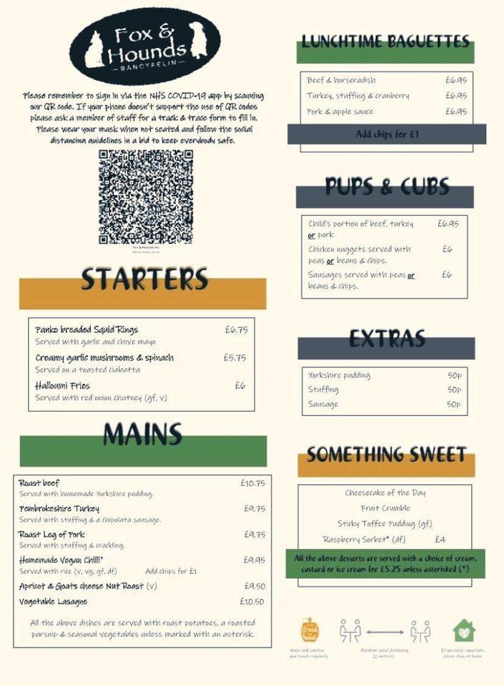 Menu at The Fox & Hounds pub & bar, Laugharne