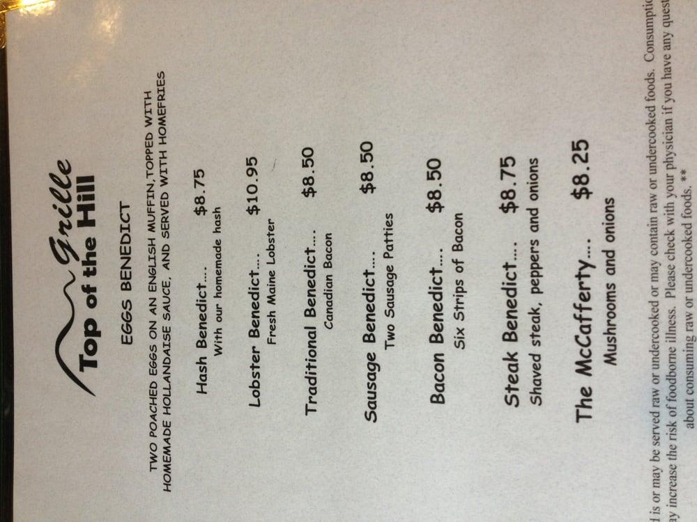 Menu at Top of the Hill Grille cafe, Casco
