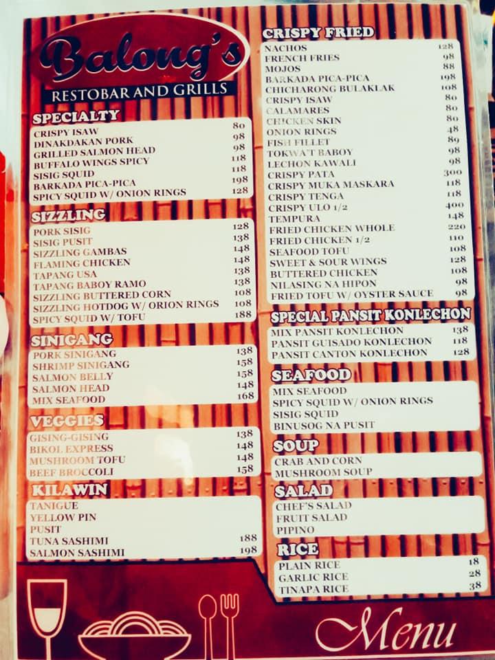 Menu at Balong's Restobar & Grill, Science City of Muñoz