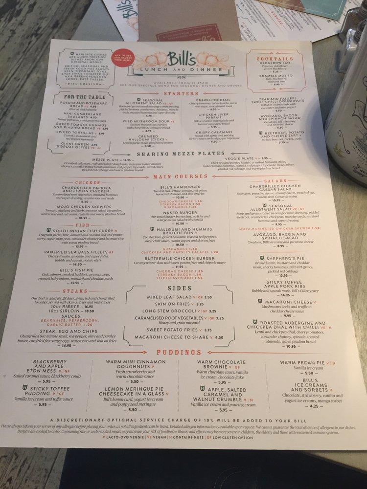 Menu at Bill's Leeds Restaurant, Leeds