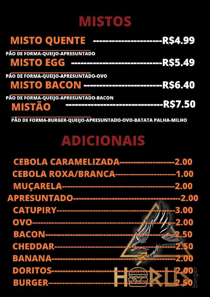 Menu at HÓRUS BURGER restaurant, Teixeira de Freitas