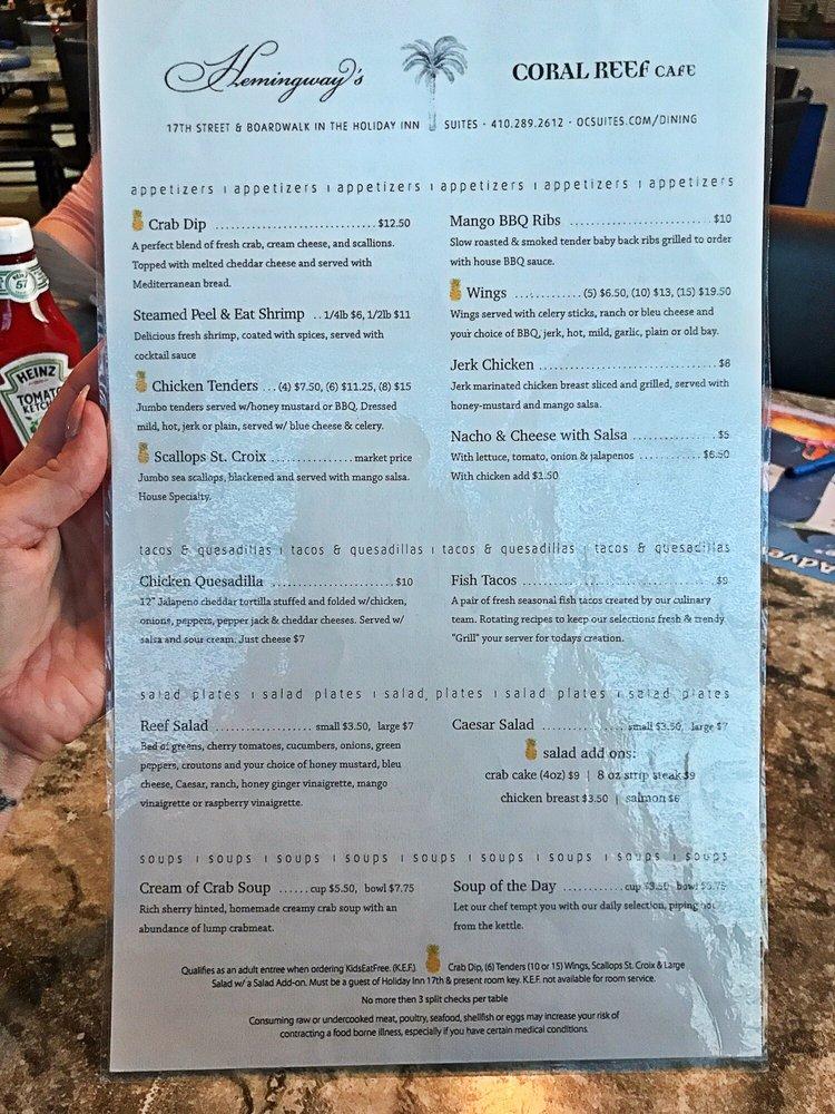 Menu at Hemingway's at the Coral Reef restaurant, Ocean City