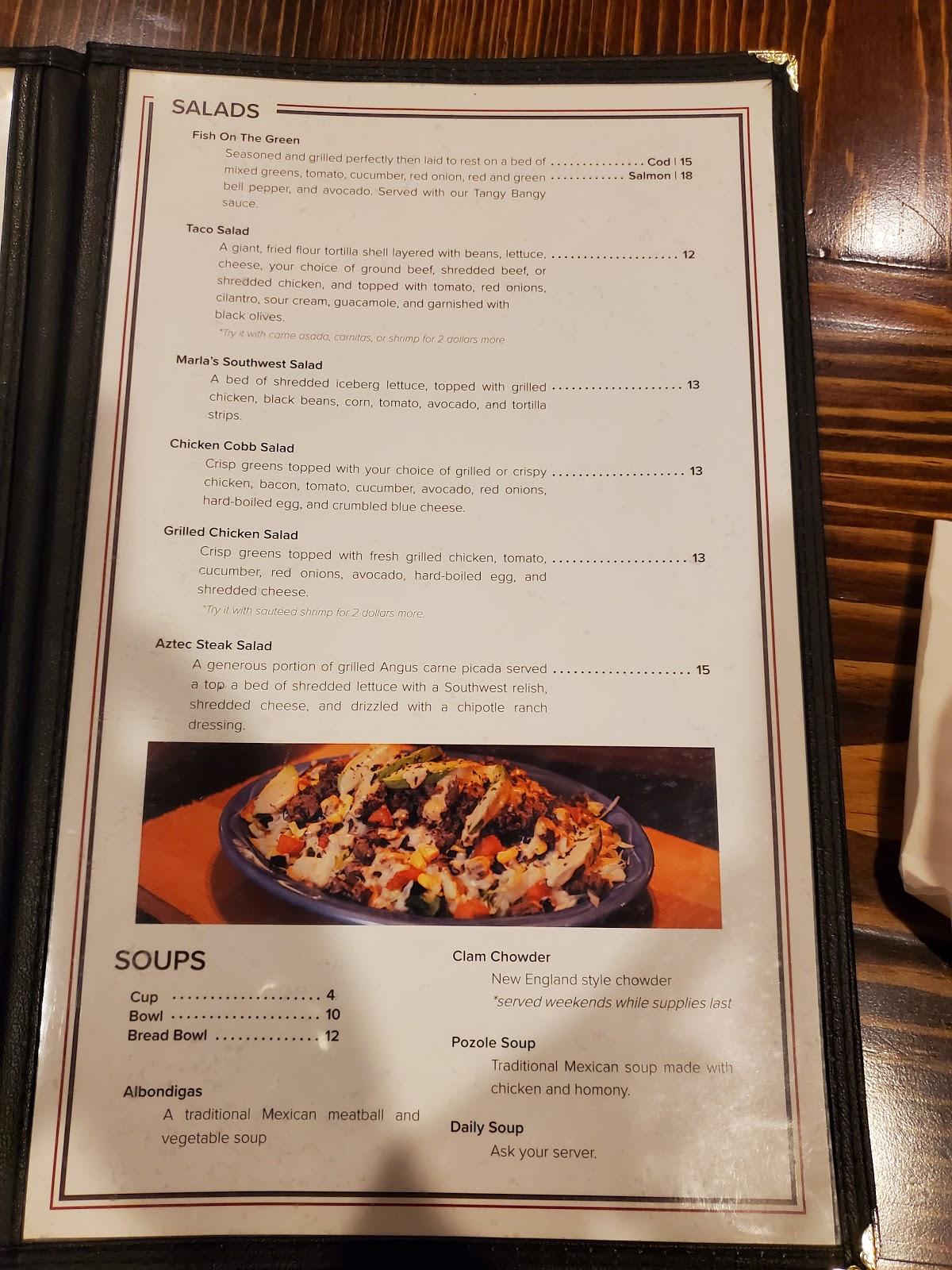 Menu at Marla's steakhouse, Beaumont