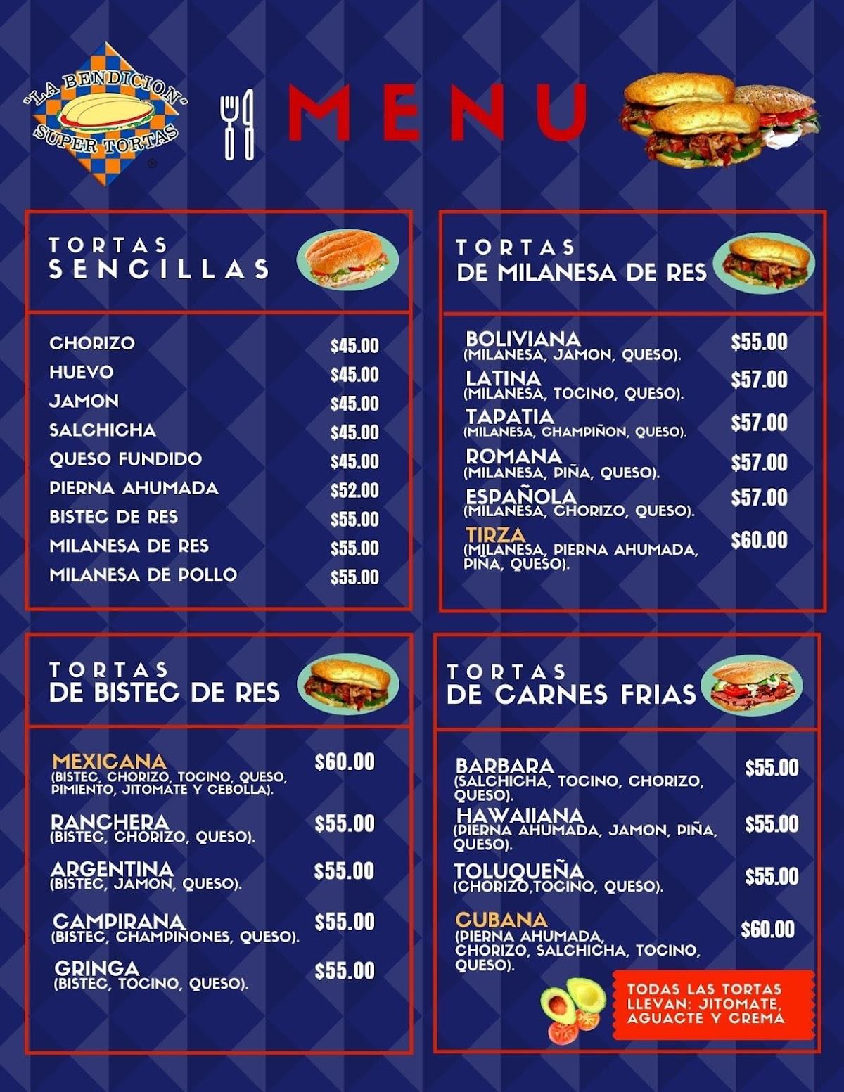 Carta del restaurante Super Tortas La Bendición, Guadalajara