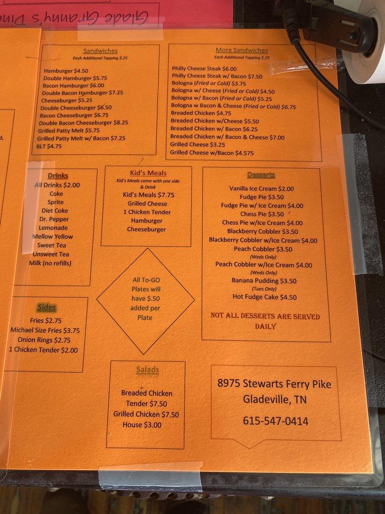 Menu at The Glade Diner restaurant, Mount Juliet