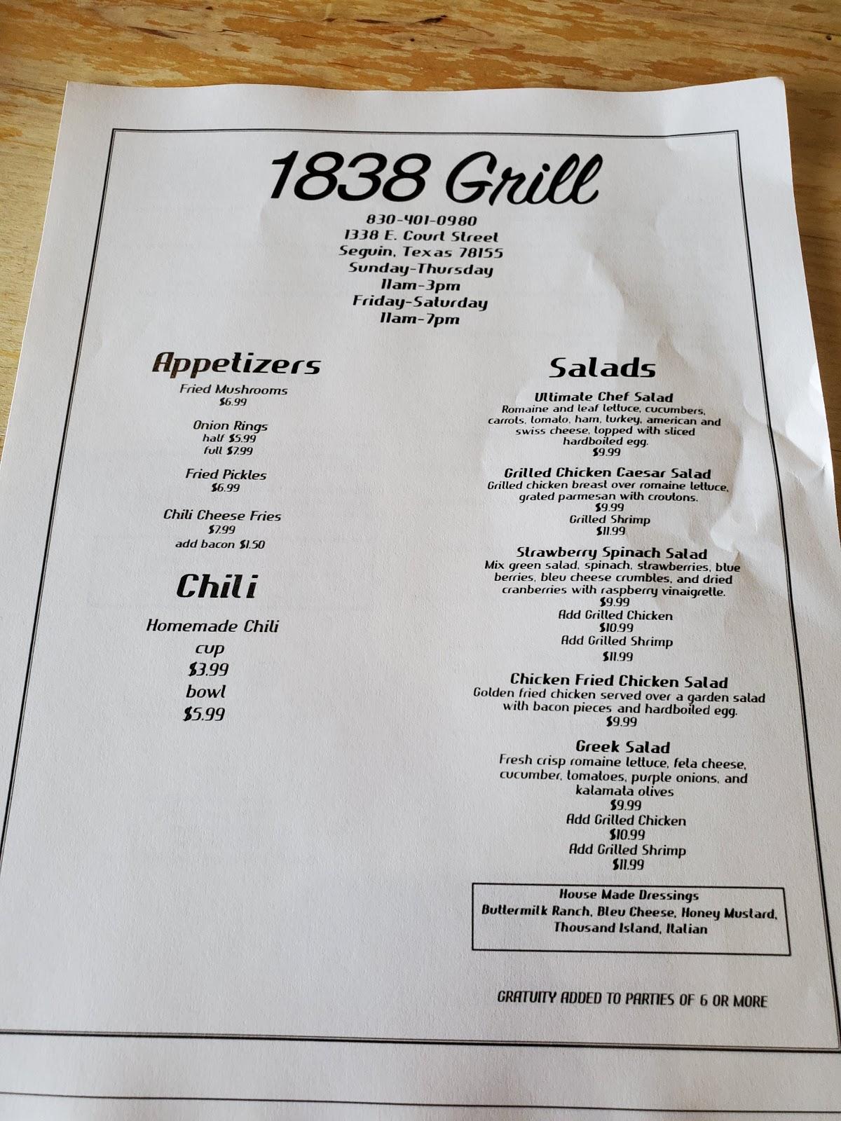 Menu at 1838 Grill restaurant, Seguin