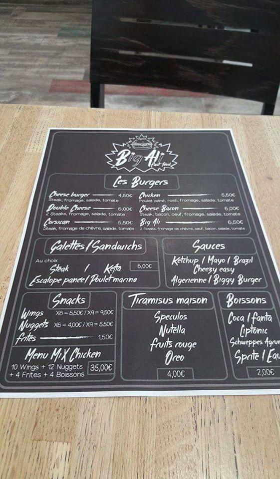 Menu au BIG ALI fast food, Porto-Vecchio