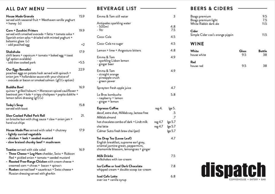 Menu at Dispatch Hobart, New Town, 176 New Town Rd